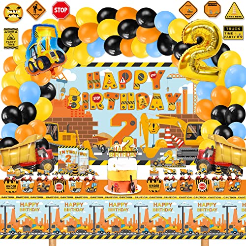 Mpanwen Construction Birthday Party Supplies for 2 Year Old Boy, 139 Pcs Dump Truck Party Decorations for Boys Baby - Backdrop, Balloons, Cupcakes Wrappers, Traffic Signs, Tablecloth, Crown and Poster