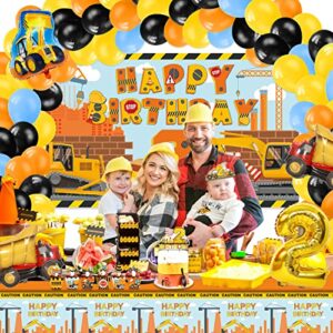 Mpanwen Construction Birthday Party Supplies for 2 Year Old Boy, 139 Pcs Dump Truck Party Decorations for Boys Baby - Backdrop, Balloons, Cupcakes Wrappers, Traffic Signs, Tablecloth, Crown and Poster