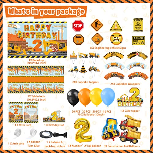 Mpanwen Construction Birthday Party Supplies for 2 Year Old Boy, 139 Pcs Dump Truck Party Decorations for Boys Baby - Backdrop, Balloons, Cupcakes Wrappers, Traffic Signs, Tablecloth, Crown and Poster