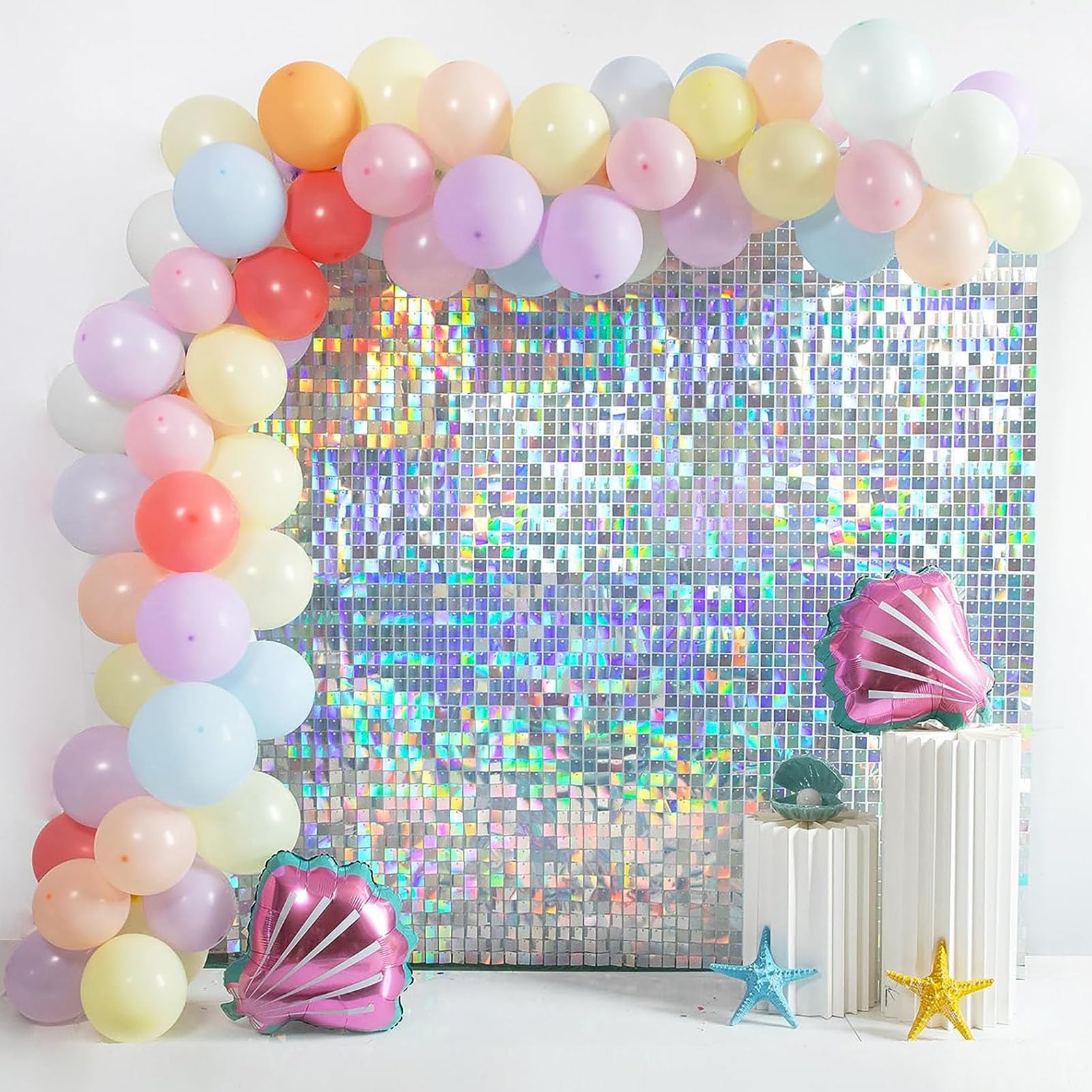 Kate Shimmer Wall Backdrop Iridescent Silver Wall Panels 24Pcs Square Sequin Shimmer Wall Backdrop Decoration for Birthday Party,Wedding, Anniversary