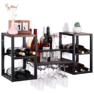 crudate hanging wine rack wall mounted, floating liquor bottle shelf with 3 team glass holder wine shelf bar shelves stemware rack for wall wine storage display rack for home bar dining room kitchen