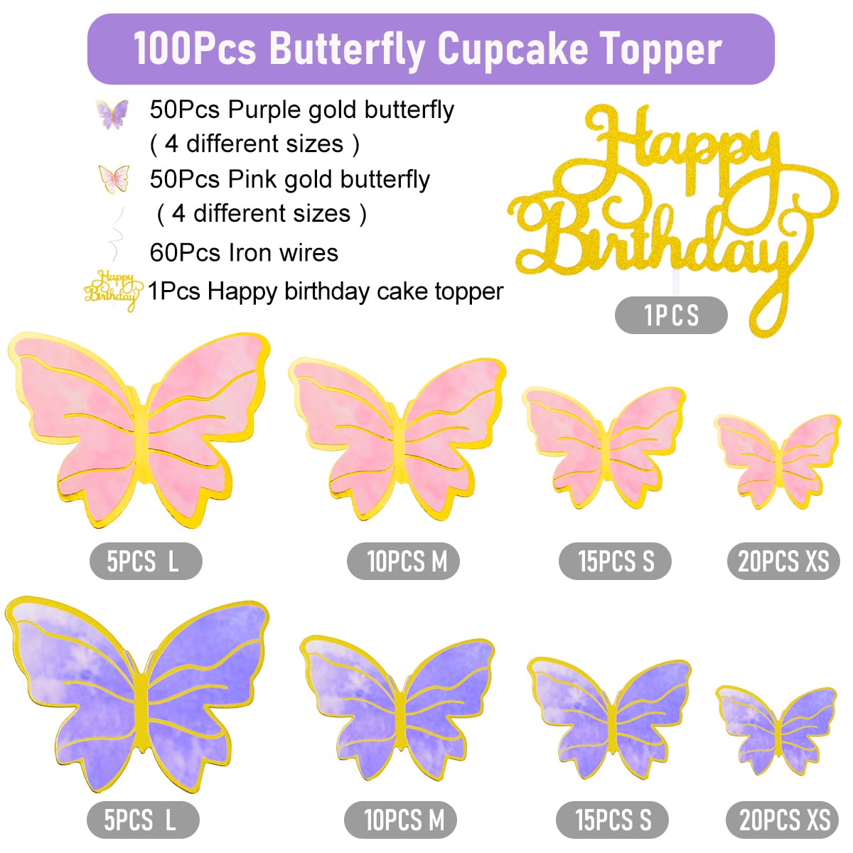 100Pcs Butterfly Cake Topper, Butterfly Cupcake Topper, Butterfly Cake Decorations, Cake Topper, Birthday Anniversary Decor, Party Decorations for Women Girls, Mixed Size (Pink Purple Gold)