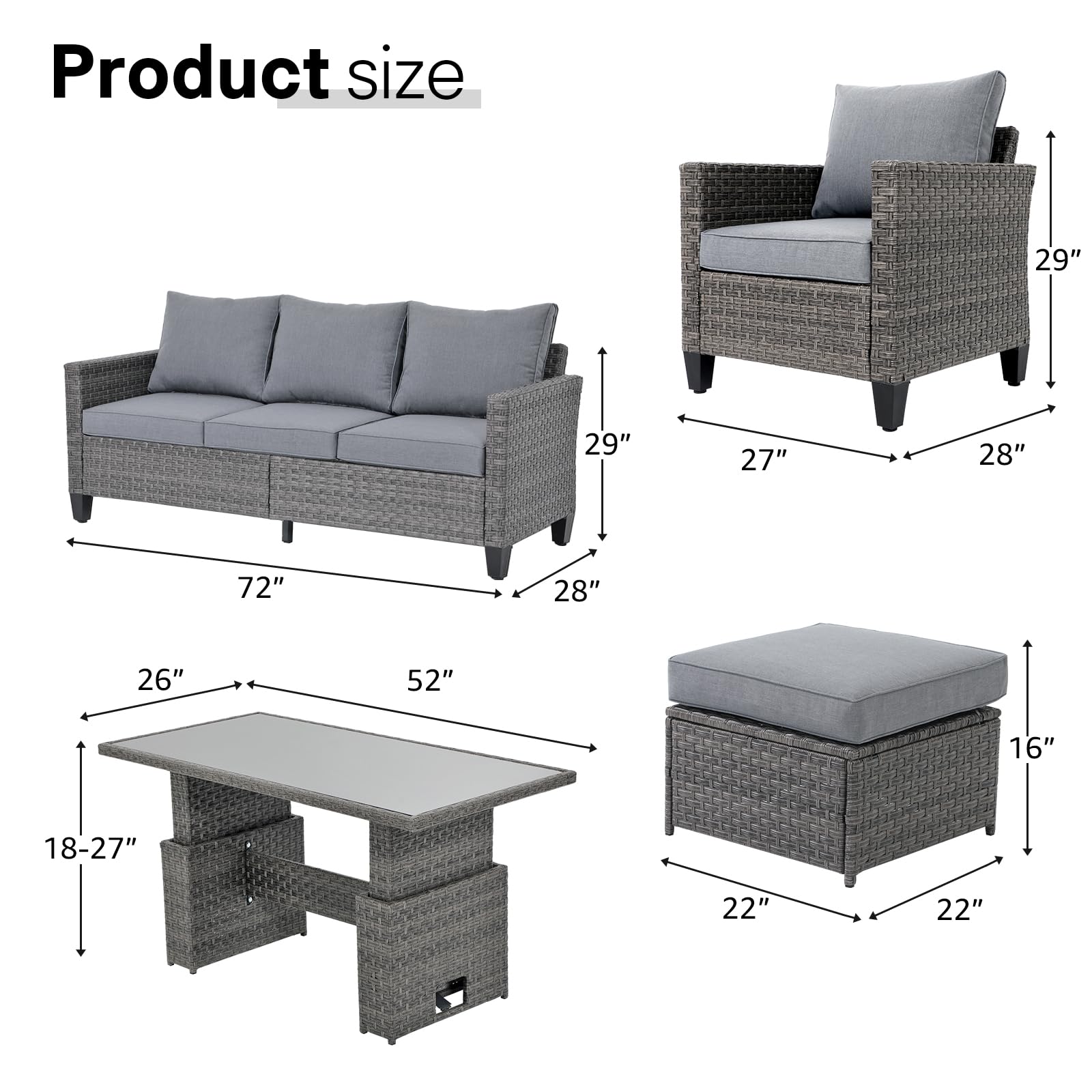 SUNSITT Outdoor Patio Furniture Set 6 Piece Wicker Conversation Set with Lift Coffee Table Sectional Dining Set 3 Seat Sofa Couch with Ottoman, Grey Wicker & Grey Cushion