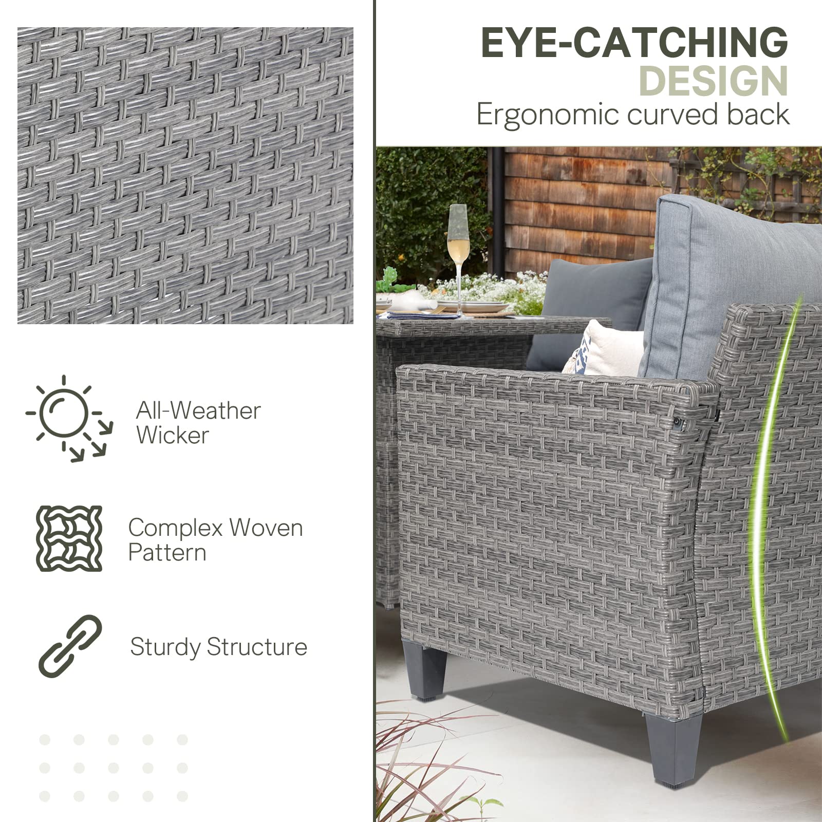 SUNSITT Outdoor Patio Furniture Set 6 Piece Wicker Conversation Set with Lift Coffee Table Sectional Dining Set 3 Seat Sofa Couch with Ottoman, Grey Wicker & Grey Cushion