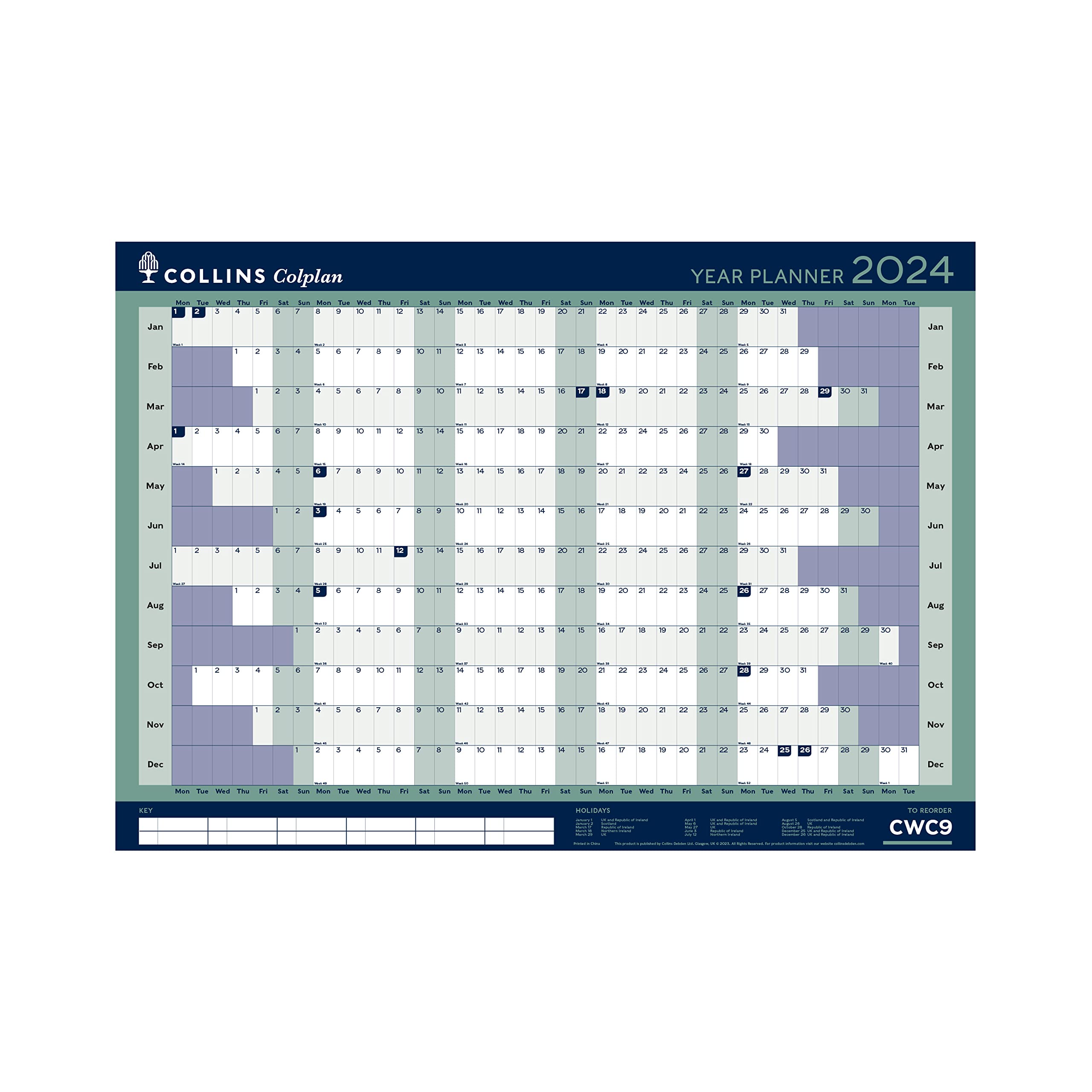 Collins Debden Colplan 2024 Diary A1 Yearly Wall Calendar Planner - Business Planner and Organiser - January to December 2024 Diary - Whole Year - CWC9-24 Blue/Green