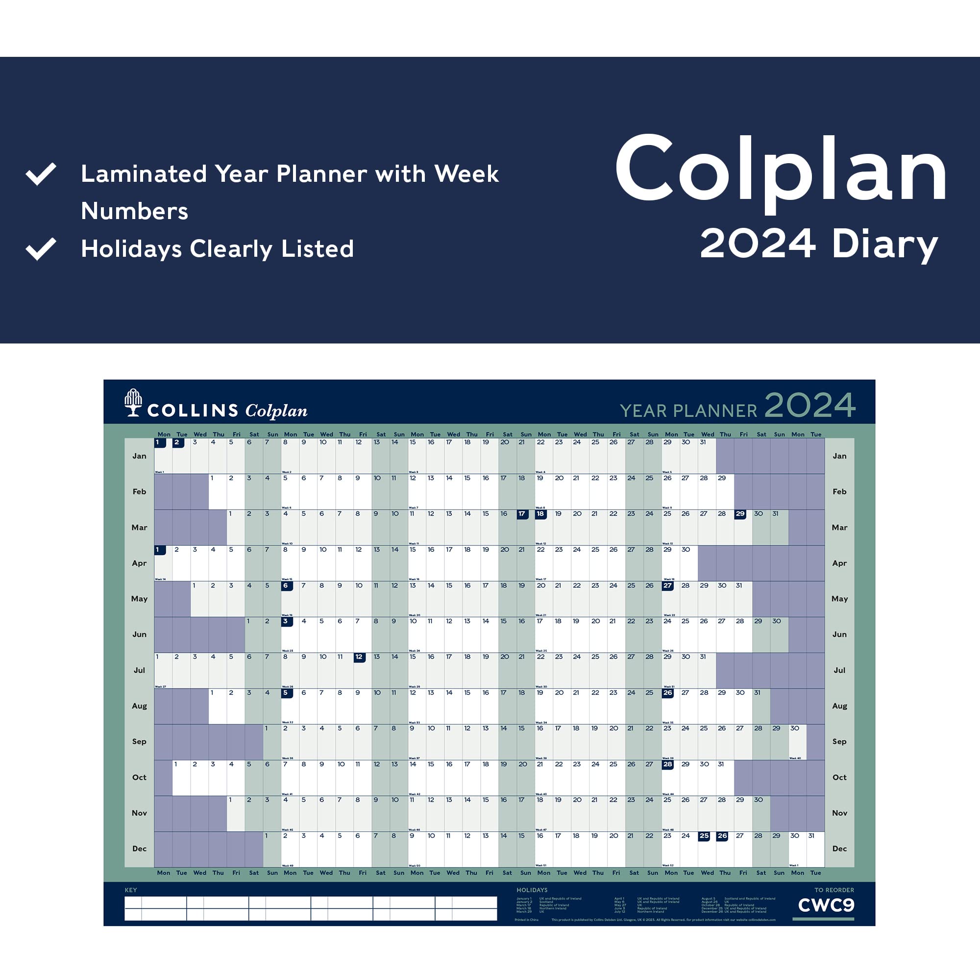 Collins Debden Colplan 2024 Diary A1 Yearly Wall Calendar Planner - Business Planner and Organiser - January to December 2024 Diary - Whole Year - CWC9-24 Blue/Green