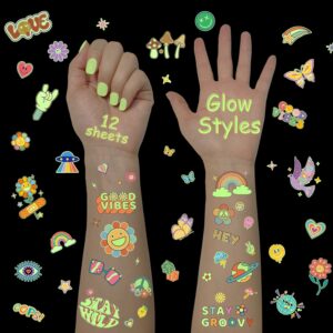 Groovy 70s Temporary Tattoos, Glow in the Dark Styles for Kids,Flower Power & Hippie Stickers,Birthday Party Supplies & Favors for Girls