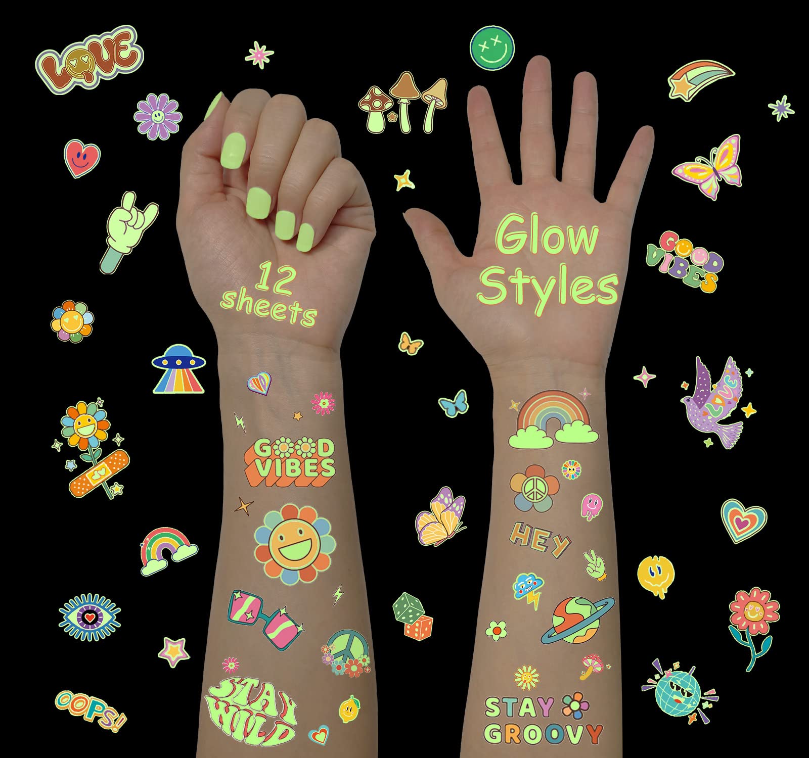 Groovy 70s Temporary Tattoos, Glow in the Dark Styles for Kids,Flower Power & Hippie Stickers,Birthday Party Supplies & Favors for Girls