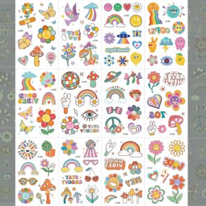 Groovy 70s Temporary Tattoos, Glow in the Dark Styles for Kids,Flower Power & Hippie Stickers,Birthday Party Supplies & Favors for Girls