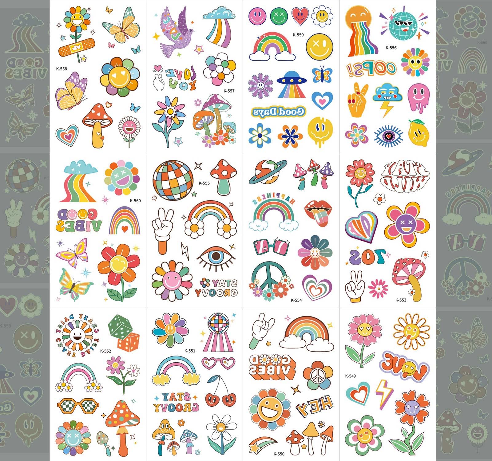 Groovy 70s Temporary Tattoos, Glow in the Dark Styles for Kids,Flower Power & Hippie Stickers,Birthday Party Supplies & Favors for Girls