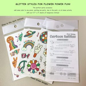 Groovy 70s Temporary Tattoos, Glow in the Dark Styles for Kids,Flower Power & Hippie Stickers,Birthday Party Supplies & Favors for Girls