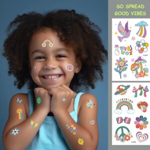 Groovy 70s Temporary Tattoos, Glow in the Dark Styles for Kids,Flower Power & Hippie Stickers,Birthday Party Supplies & Favors for Girls