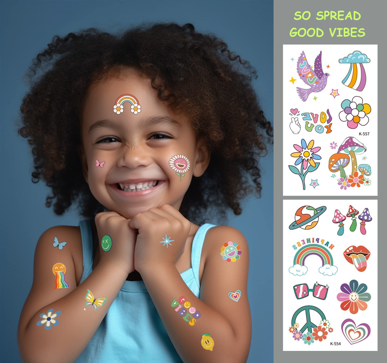 Groovy 70s Temporary Tattoos, Glow in the Dark Styles for Kids,Flower Power & Hippie Stickers,Birthday Party Supplies & Favors for Girls