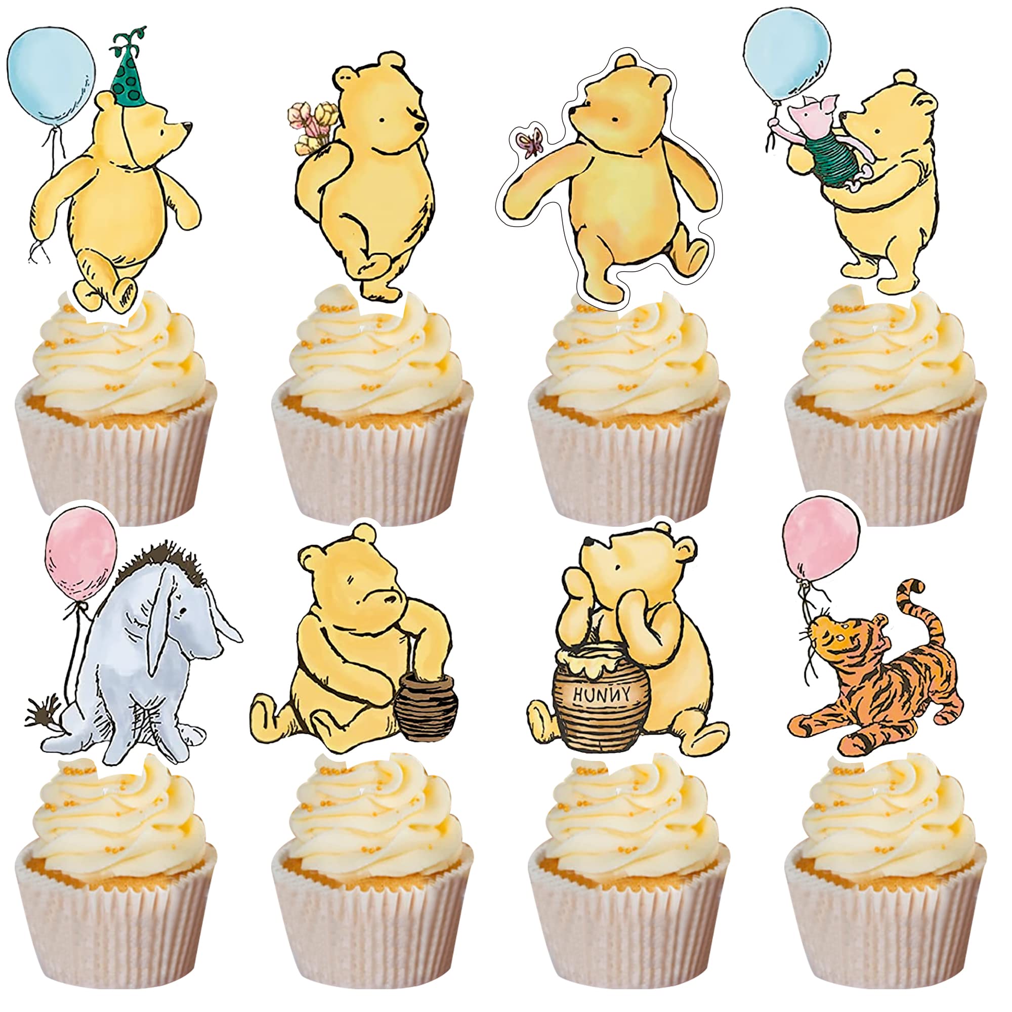 48 Pcs Winnie Cupcake Toppers For Baby Shower Classic Cake Topper Perfect Boys Girls First Birthday Party Supplies Favors