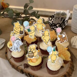 48 Pcs Winnie Cupcake Toppers For Baby Shower Classic Cake Topper Perfect Boys Girls First Birthday Party Supplies Favors