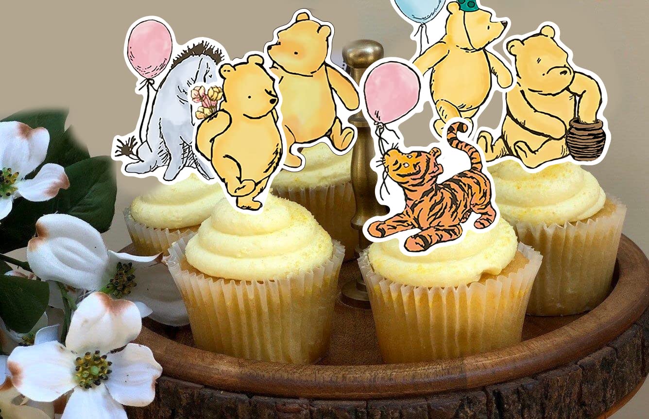 48 Pcs Winnie Cupcake Toppers For Baby Shower Classic Cake Topper Perfect Boys Girls First Birthday Party Supplies Favors