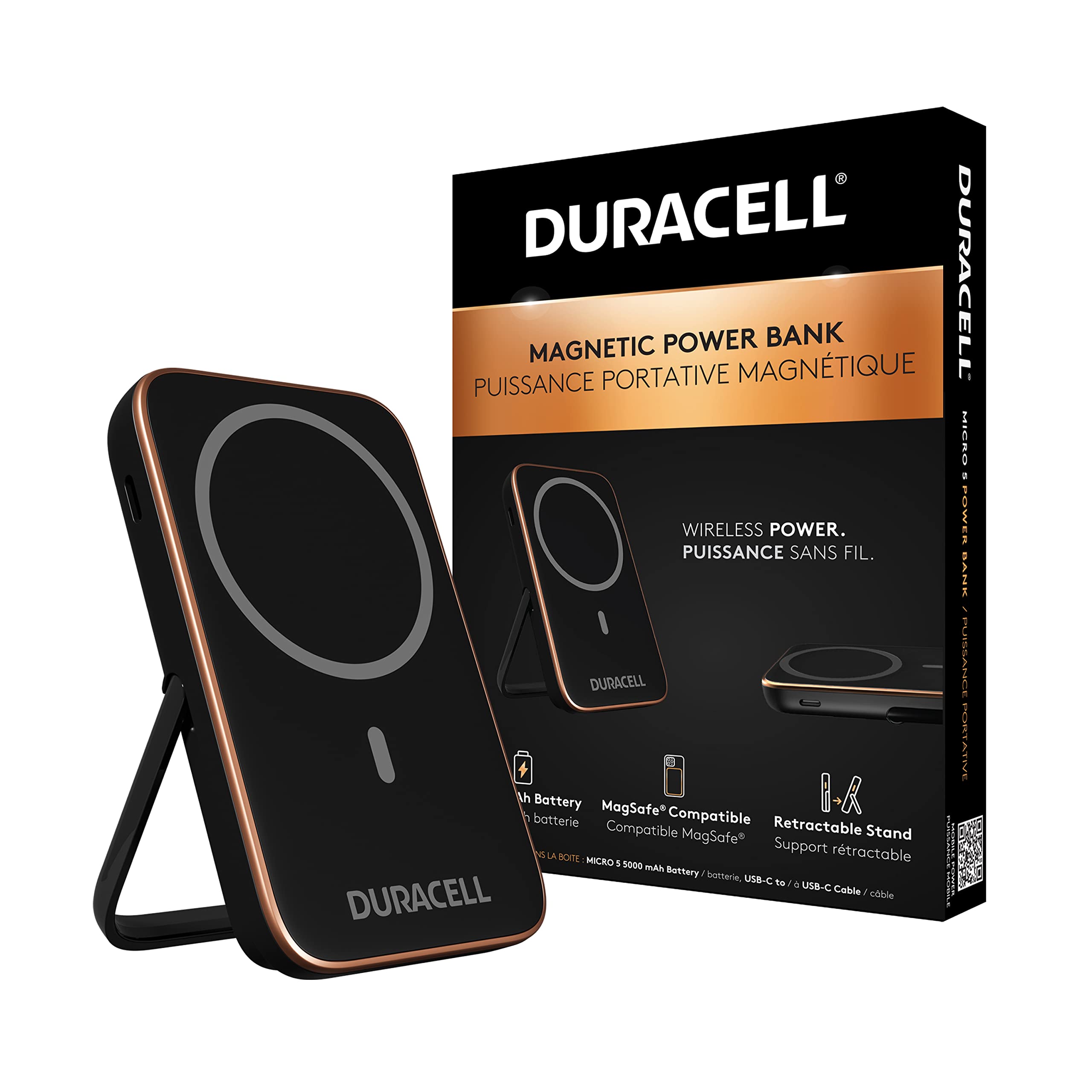 DURACELL Micro 5 Portable Charger | Foldable 5,000mAh Power Bank | MagSafe Compatible Wireless Portable Charger for iPhone | Dual Charge - Wireless Magnetic Charging + USB C | TSA Carry-On Compliant