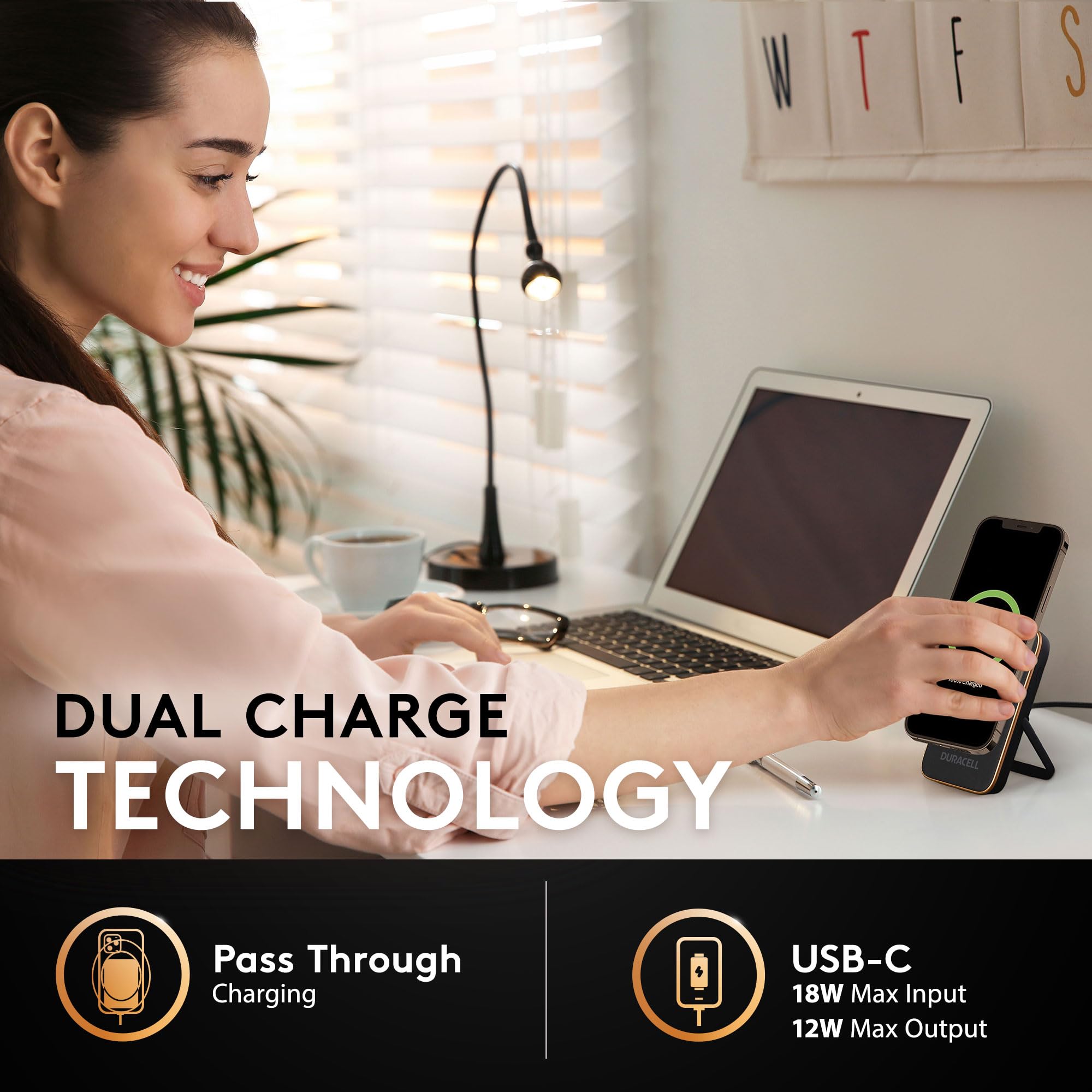 DURACELL Micro 5 Portable Charger | Foldable 5,000mAh Power Bank | MagSafe Compatible Wireless Portable Charger for iPhone | Dual Charge - Wireless Magnetic Charging + USB C | TSA Carry-On Compliant