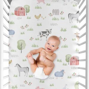 Sweet Jojo Designs Farm Animals Boy Girl Baby Fitted Crib Sheet Set Infant Newborn Nursery Toddler Bed Room Standard Mattress 2pc Gender neutral Watercolor Farmhouse Barn Horse Pig Cow Black and White