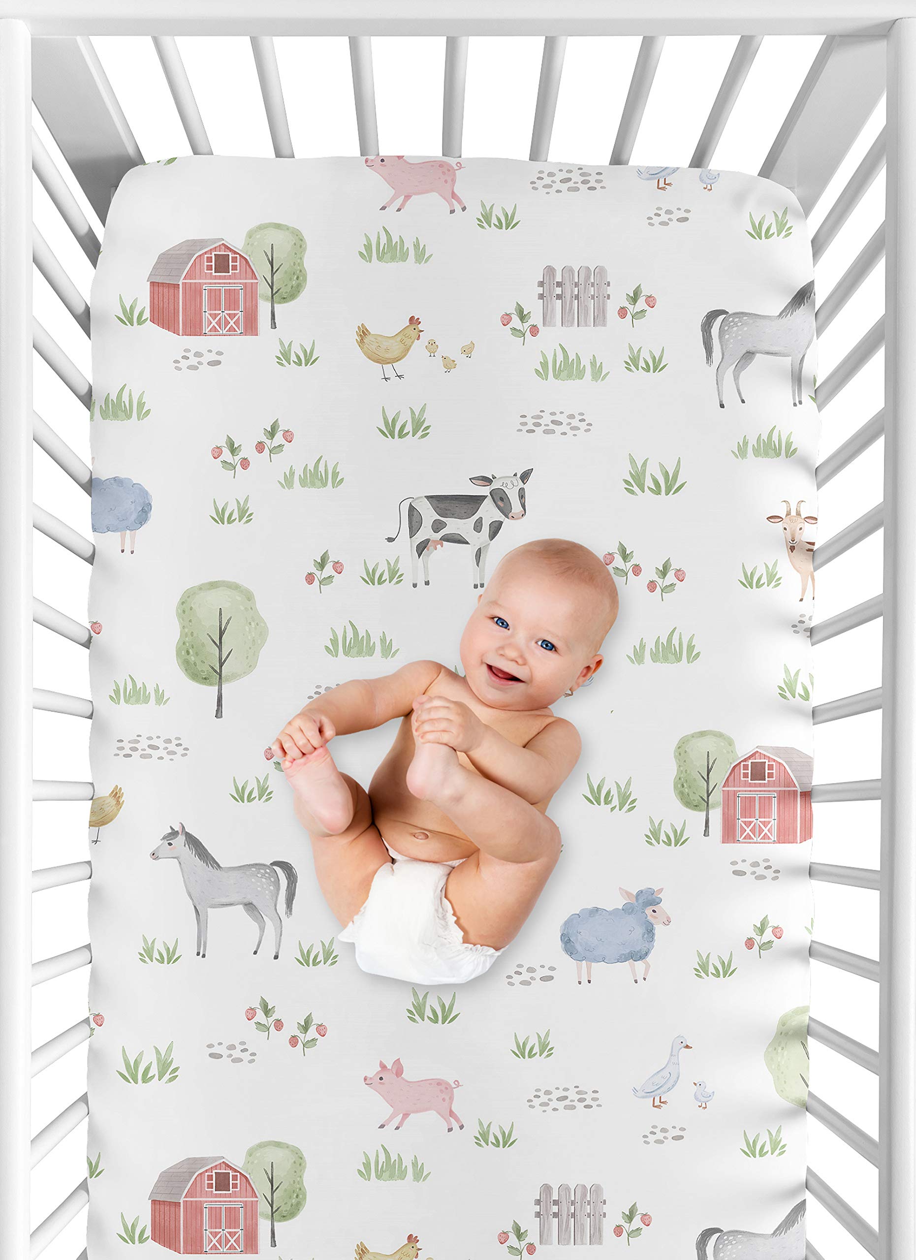 Sweet Jojo Designs Farm Animals Boy Girl Baby Fitted Crib Sheet Set Infant Newborn Nursery Toddler Bed Room Standard Mattress 2pc Gender neutral Watercolor Farmhouse Barn Horse Pig Cow Black and White