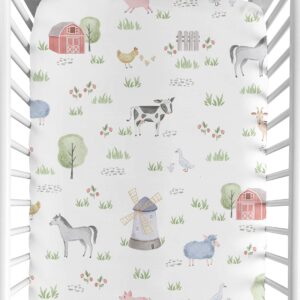 Sweet Jojo Designs Farm Animals Boy Girl Baby Fitted Crib Sheet Set Infant Newborn Nursery Toddler Bed Room Standard Mattress 2pc Gender neutral Watercolor Farmhouse Barn Horse Pig Cow Black and White