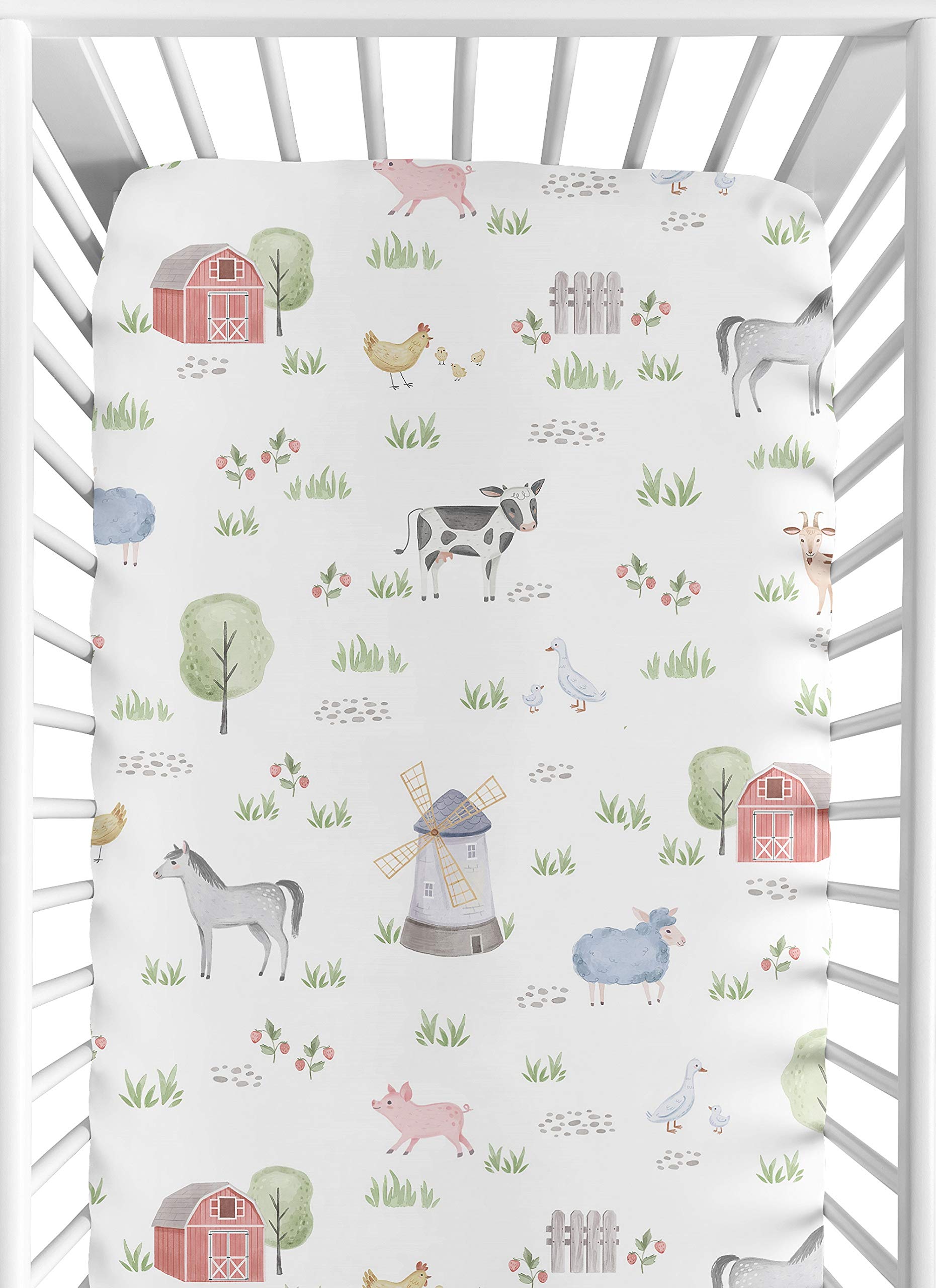 Sweet Jojo Designs Farm Animals Boy Girl Baby Fitted Crib Sheet Set Infant Newborn Nursery Toddler Bed Room Standard Mattress 2pc Gender neutral Watercolor Farmhouse Barn Horse Pig Cow Black and White