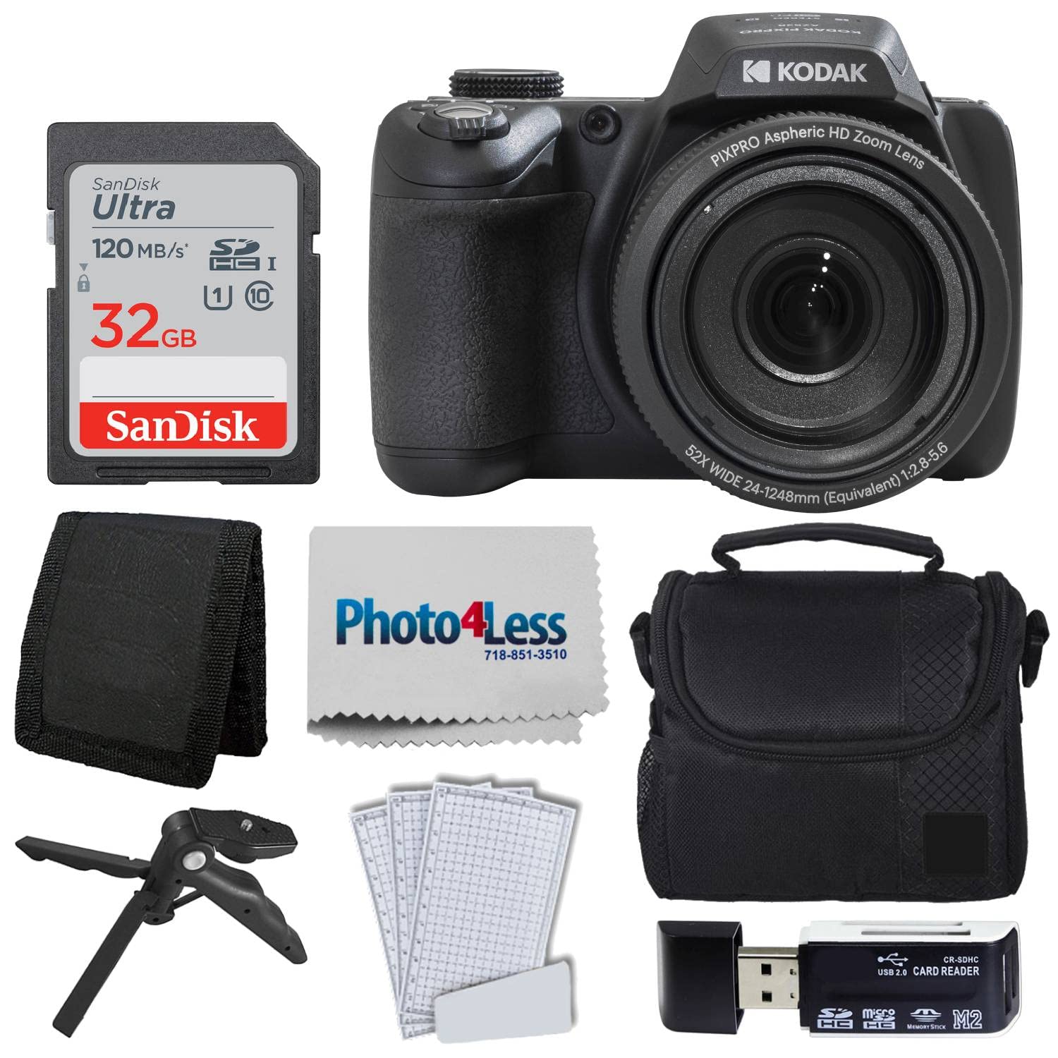 Kodak PIXPRO AZ528 Digital Camera (Black) Bundle with 32GB Memory Card + Camera Case + Memory Card Wallet + Screen Protectors + Accessories