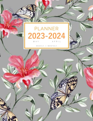 Planner 2023-2024: 8.5 x 11 Weekly and Monthly Organizer from May 2023 to April 2024 | Realistic Butterfly Flower Design Gray