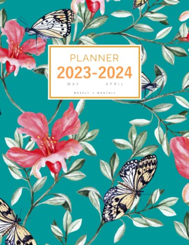 Planner 2023-2024: 8.5 x 11 Weekly and Monthly Organizer from May 2023 to April 2024 | Realistic Butterfly Flower Design Teal