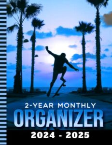 2-year monthly organizer 2024-2025: 8.5x11 large dated monthly schedule with 100 blank college-ruled paper combo / 24-month life organizing gift / skateboarder skateboarding on blue beach art cover