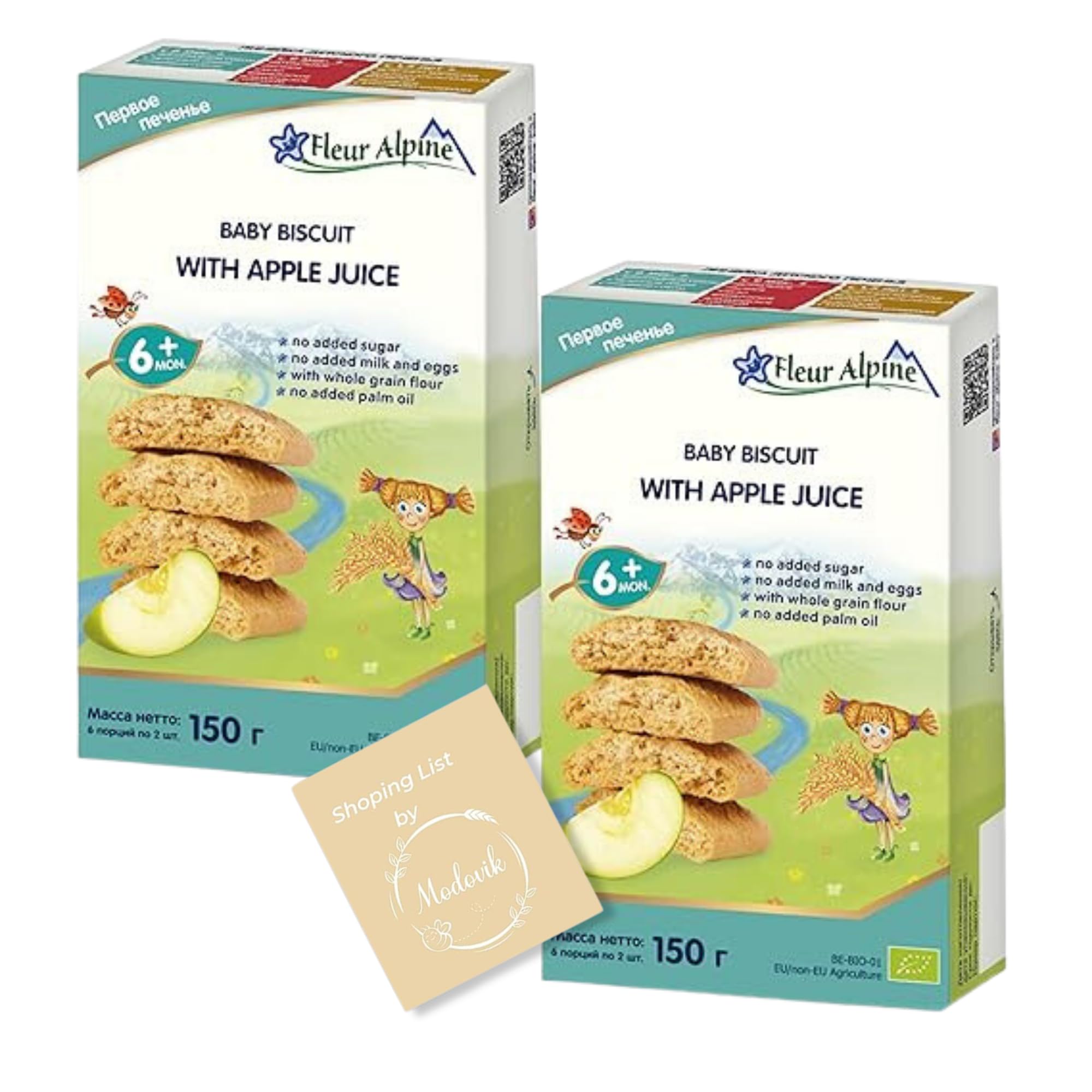 Organic Baby Snacks Bundle. Includes Two-5.3 Oz Boxes of Fleur Alpine Whole Grain Biscuits with Apple Juice Baby Teething Snacks & Modovik Shopping List. Healthy & Non- GMO Organic Teething Biscuits for Babies 6+ Months.