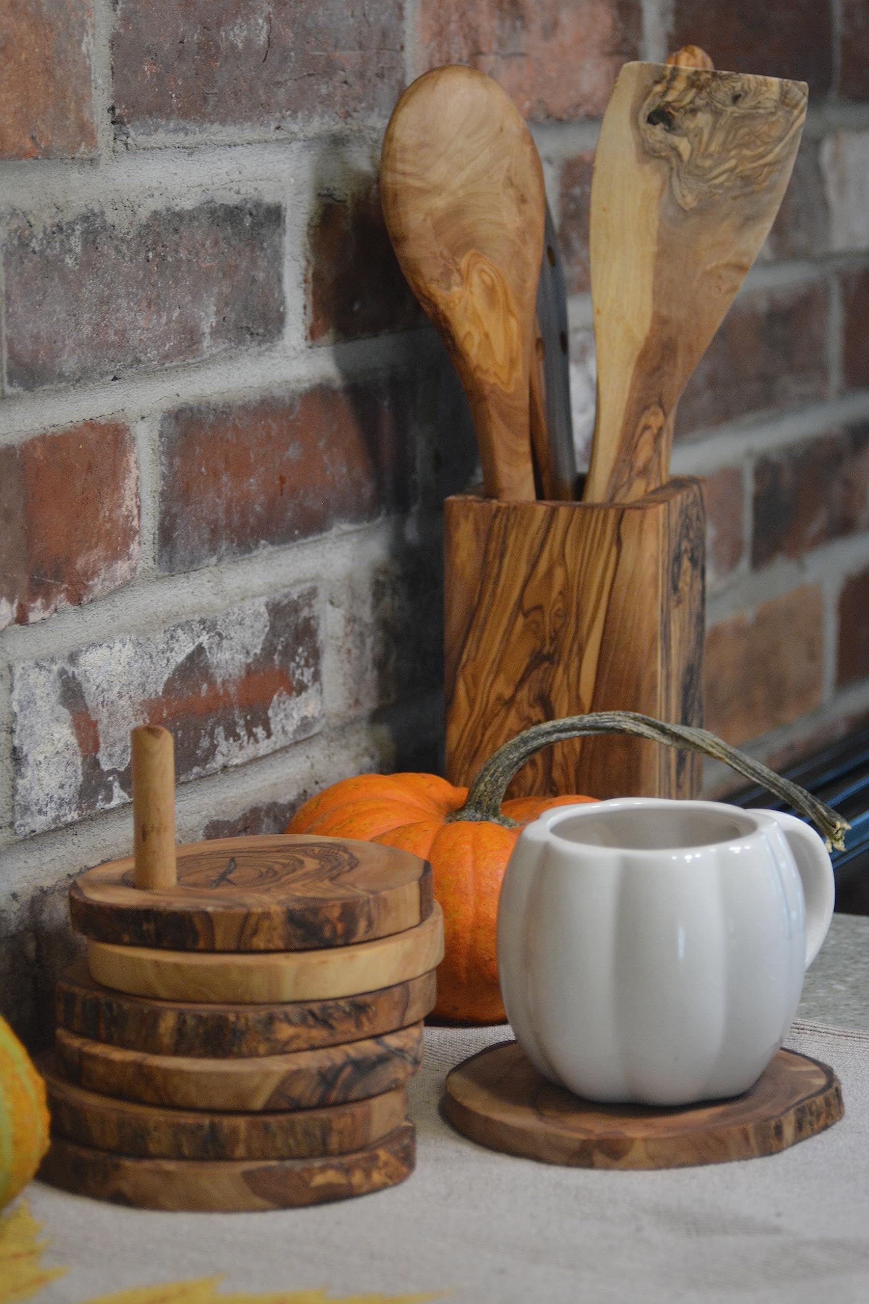 The Live Edge - Olive Wood kitchen utensil holder for countertop | large cooking wooden utensil holder for kitchen counter | Rustic wooden Spoon organizer and Spatula Holder | Cooking tools Holder