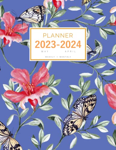 Planner 2023-2024: 8.5 x 11 Weekly and Monthly Organizer from May 2023 to April 2024 | Realistic Butterfly Flower Design Blue