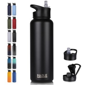 hasle outfitters 40oz stainless steel water bottle, vacuum insulated double walled leak proof sports water bottle with 2 lids (straw and spout lid) thermo mug keep cold and hot(black,1)