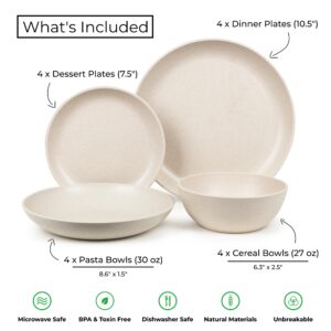 Grow Forward 16-piece Premium Wheat Straw Dinnerware Sets for 4 - Dinner Plates, Dessert Plates, Pasta Bowls, Cereal Bowls - Microwave Safe Plastic Plates and Bowls Sets, RV, Kitchen Dishes - Sahara