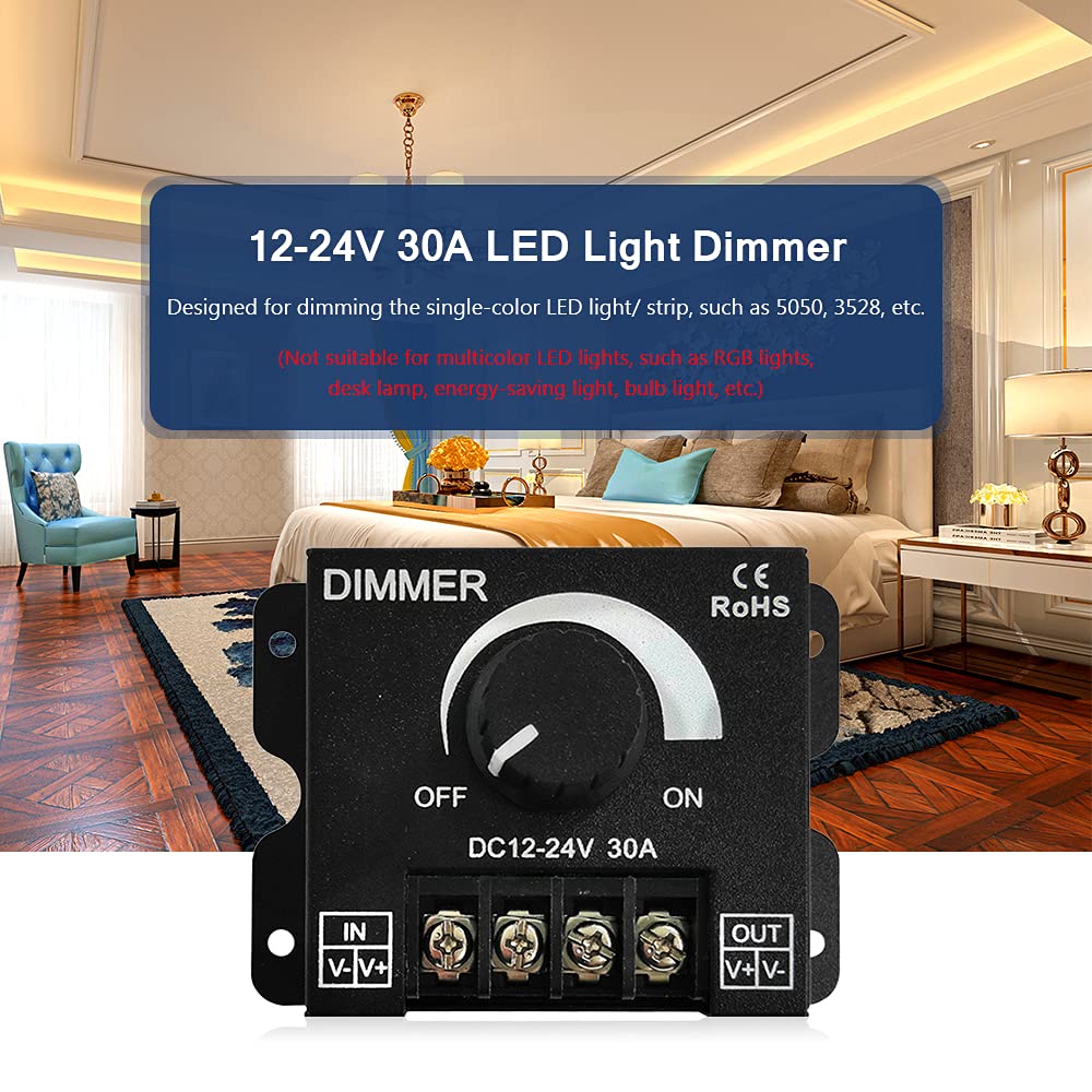 XIXIAN 12-24V 30A LED Light Dimmer Stepless Dimming PWM Dimmer Switch Knob Manual Brightness Adjuster Controller Memory Function for Single-Color LED Lights Strips 5050 3528