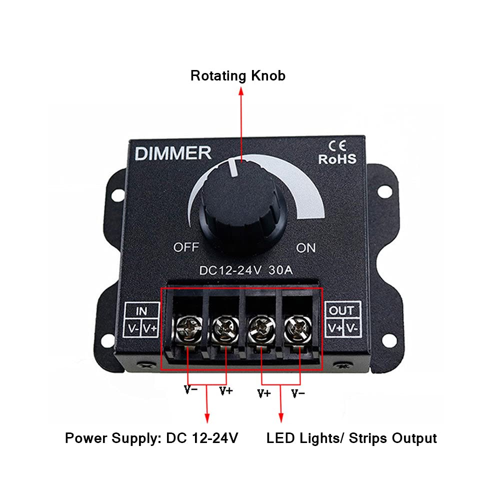 XIXIAN 12-24V 30A LED Light Dimmer Stepless Dimming PWM Dimmer Switch Knob Manual Brightness Adjuster Controller Memory Function for Single-Color LED Lights Strips 5050 3528