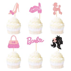 ercadio 24 pack princess cupcake toppers black and pink glitter girls cupcake toppers handbag high heel lipstick cupcake picks for wedding bridal shower girls birthday party cake decors supplies