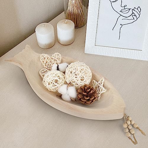 Decorative Bowl with Wooden Bead Tassels, Hand Carved Fish Shaped Coastal Decor, Table Centerpieces Bowl, Small Decorative Tray, Home Decor Accents for Farmhouse Boho Rustic Style (15.7"x 6.5")