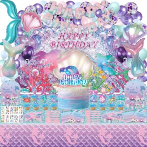 274 pcs mermaid birthday decorations, mermaid party decorations for girls, mermaid theme party set include banners, mermaid backdrop, cake toppers, mermaid balloons, plates, tableware