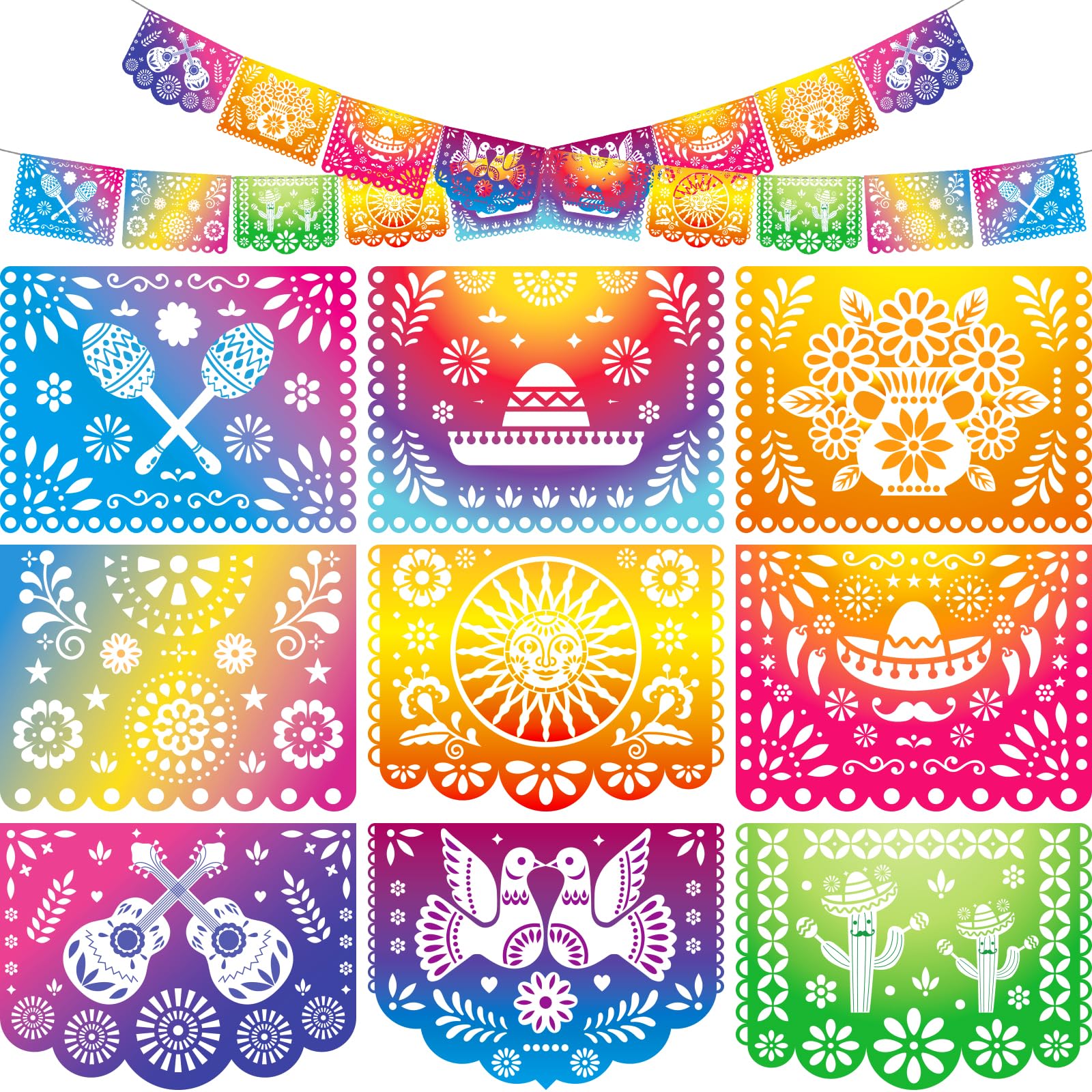 DomeStar 18 Feet Iridescent Mexican Party Banners, Plastic Papel Picado Fiesta Banner Cinco de Mayo Decor Fiesta Garland Dia De Los Muertos Mexican Party Supplies