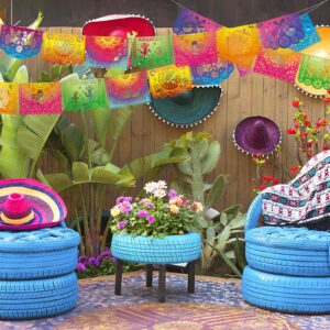 DomeStar 18 Feet Iridescent Mexican Party Banners, Plastic Papel Picado Fiesta Banner Cinco de Mayo Decor Fiesta Garland Dia De Los Muertos Mexican Party Supplies