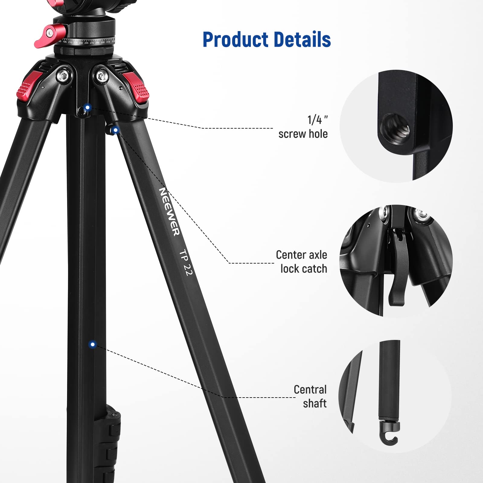 NEEWER 63"/160cm Travel Tripod, Portable Aluminum Video Tripod with Pan Tilt Fluid Head Compatible with Panasonic Sony Canon JVC Mini DV Camcorder, DSLR Camera, Max Load 17.6lb/8kg, TP22