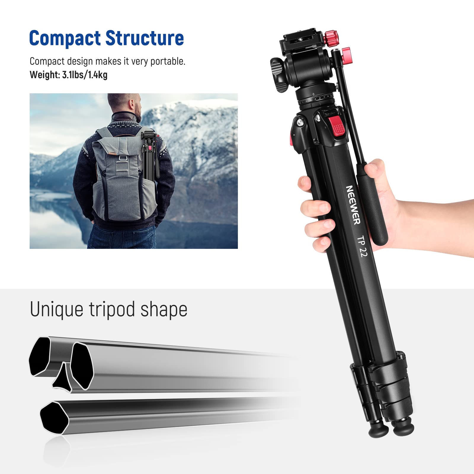 NEEWER 63"/160cm Travel Tripod, Portable Aluminum Video Tripod with Pan Tilt Fluid Head Compatible with Panasonic Sony Canon JVC Mini DV Camcorder, DSLR Camera, Max Load 17.6lb/8kg, TP22