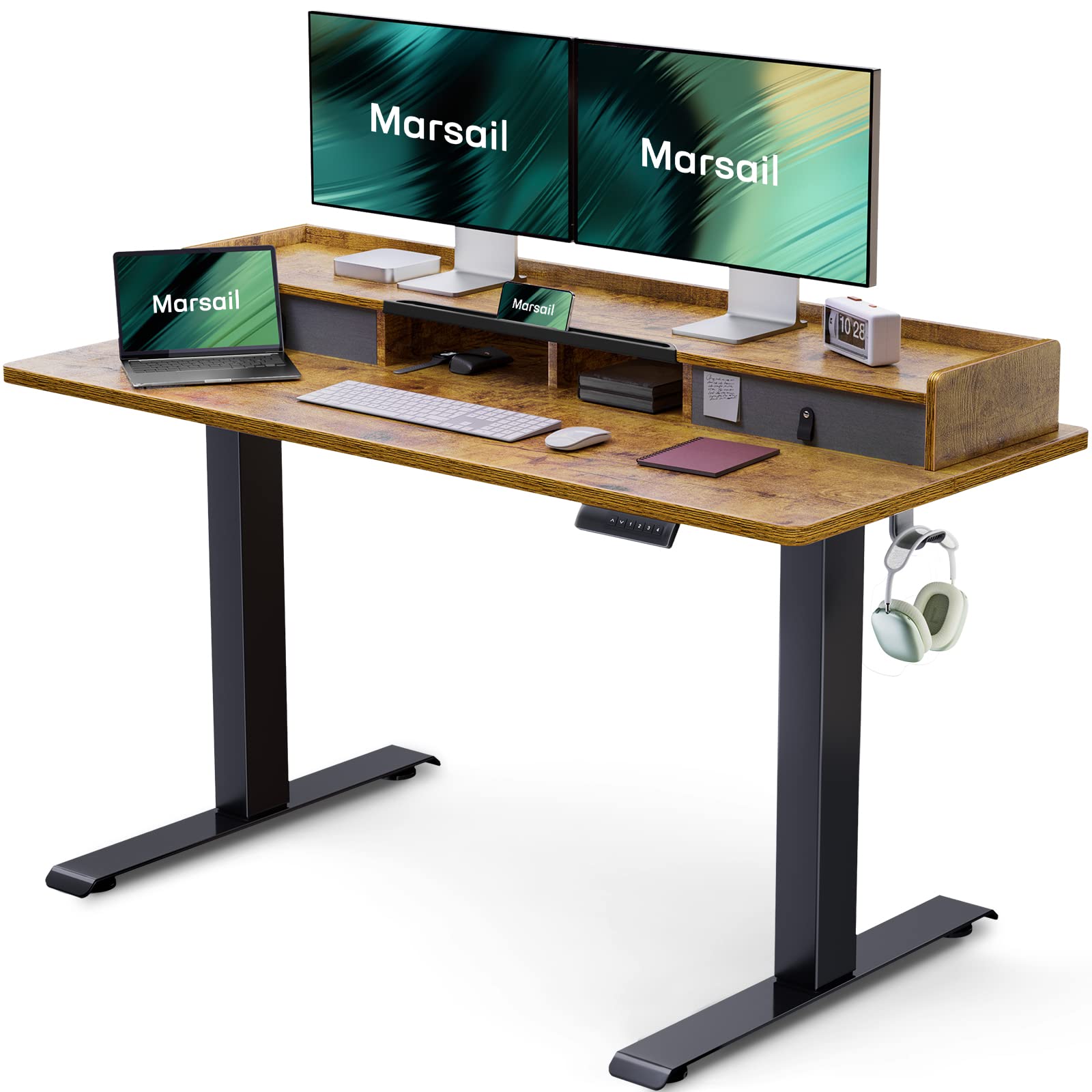 Marsail Electric Standing Desk with Dual Drawers, 55 x 24 Inches Height Adjustable Desk with Storage Shelf, Sit Stand Desk with 4 Memory Preset, 2 Hooks, Stand Up Desk for Home Office, Rustic Brown