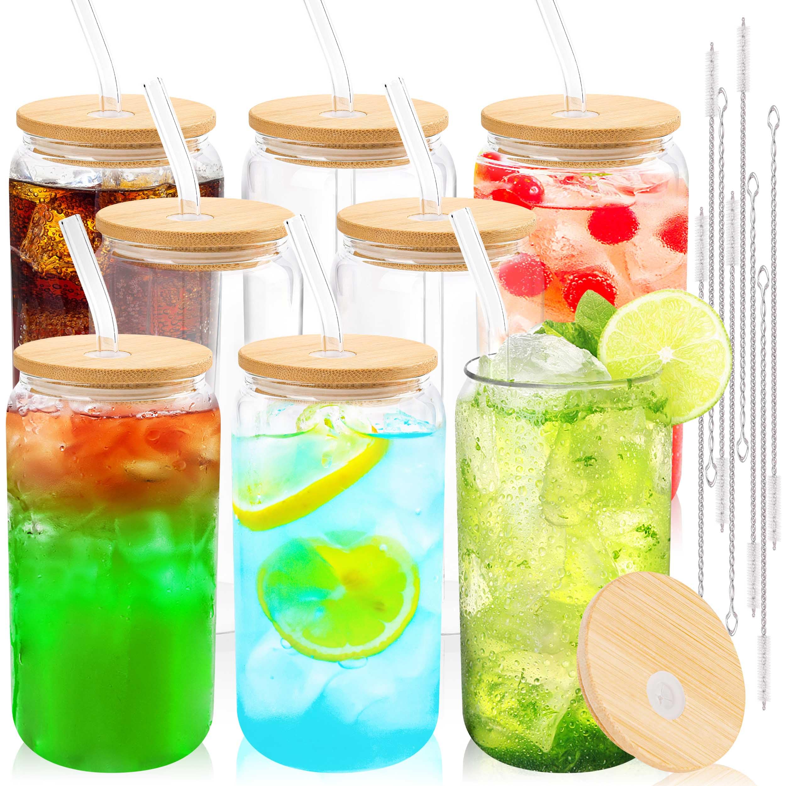 Joyclub Glass Cups with Bamboo Lids and Straws 8 Set 16 oz Reusable Iced Coffee Cup Beer Can Drinking Jars for Smoothie Whiskey Boba Soda Tea Gift