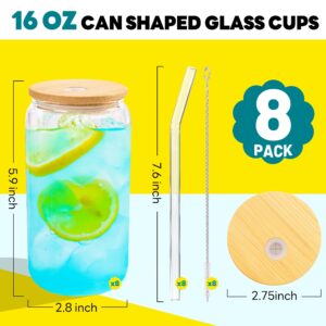 Joyclub Glass Cups with Bamboo Lids and Straws 8 Set 16 oz Reusable Iced Coffee Cup Beer Can Drinking Jars for Smoothie Whiskey Boba Soda Tea Gift