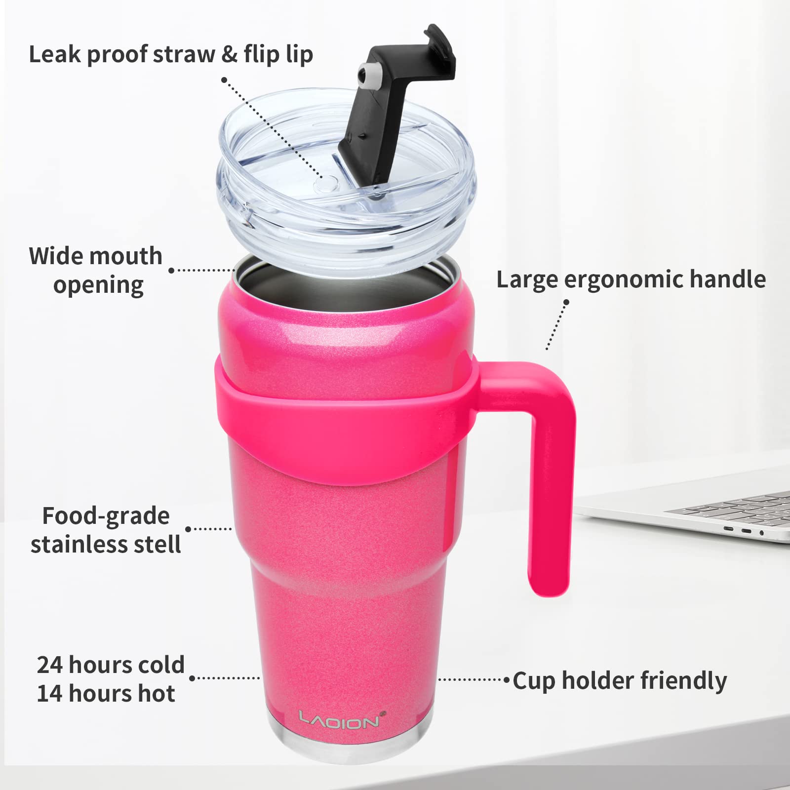 LAOION 40 oz Tumbler with Handle and Straw,Stainless Steel Mug with Leak Proof Screw Seal Lid,Dual Insulated Large Cup with handle,Keeps Drinks Cold for 24 Hrs,Sweat Proof,BPA Free-Deep Fear