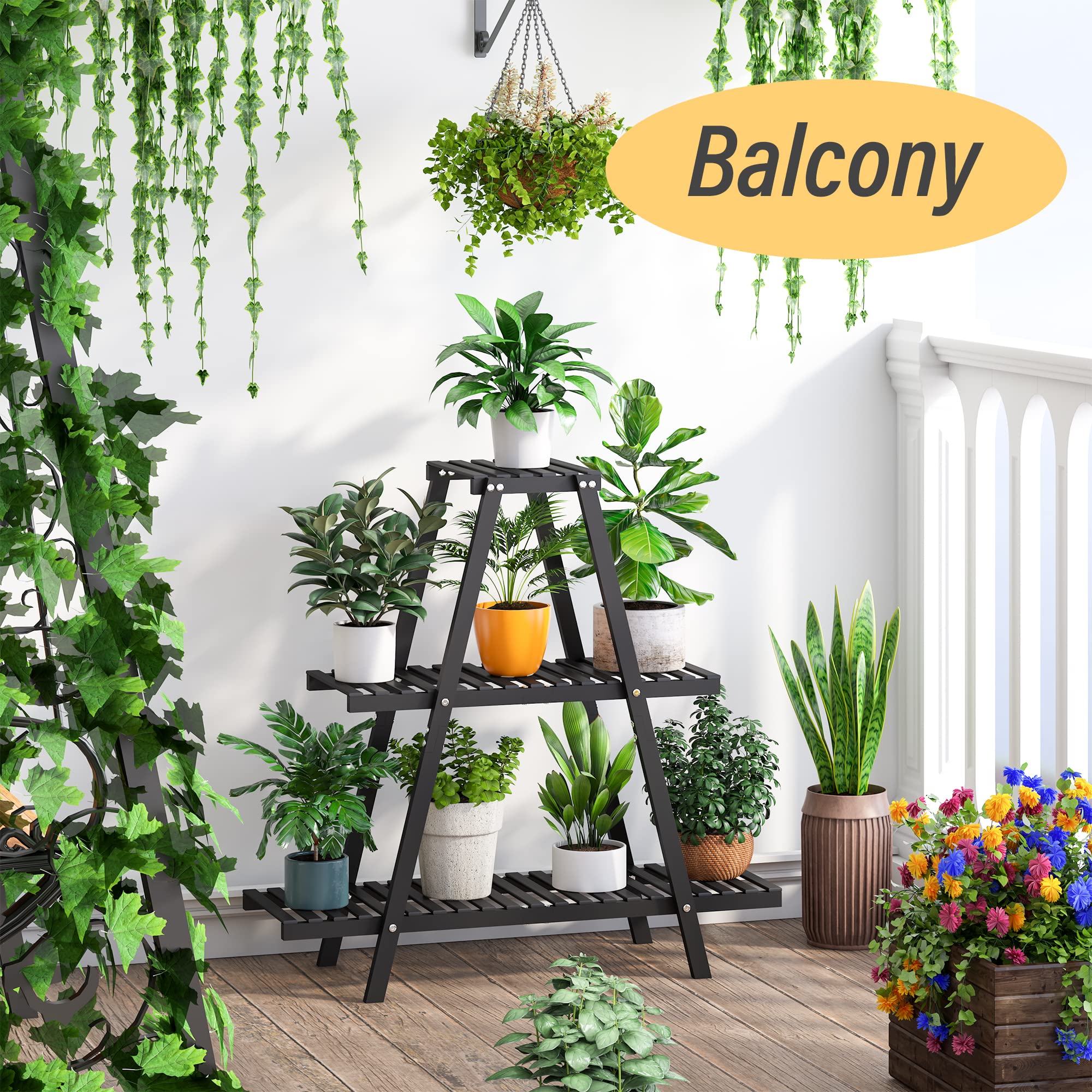 Furshus Plant Stand Indoor, Outdoor bamboo Plant Stands for Multiple Plants, 3 Tier 8 Potted Flower Holder Ladder Plant Rack,Plant Shelf Ladder Table Plant Pot Stand for Living Room, Patio, Balcony