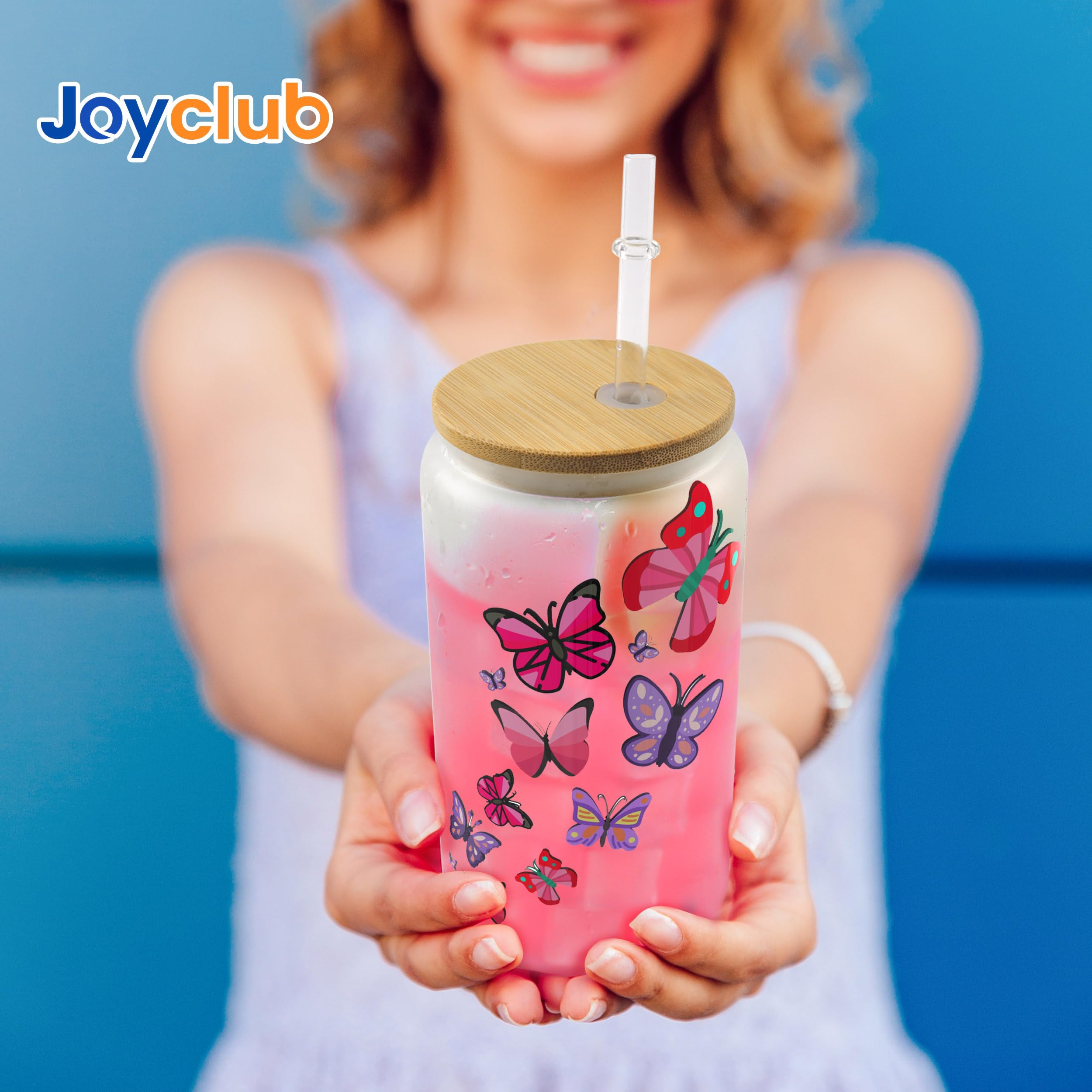 Joyclub 8 Pack Sublimation Glass Cups Blanks with Bamboo Lid 16 OZ Frosted Glass Beer Cans Mason Jar for Iced Coffee Juice Soda Drinks